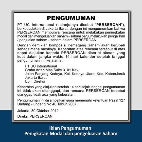 Pasang Iklan Pengumuman Pembubaran Perusahaan - PT. Baktiartha Perdana
